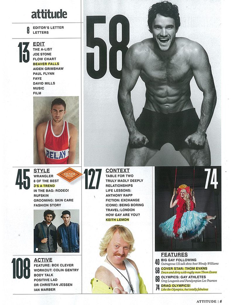 Attitude August 2012 Cover with rugby player Thom Evans (Attitude Magazine)