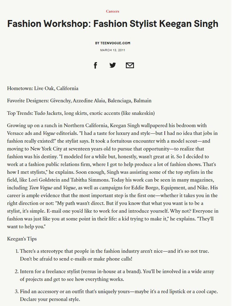 Fashion Workshop: Fashion Stylist Keegan Singh (Teen Vogue)